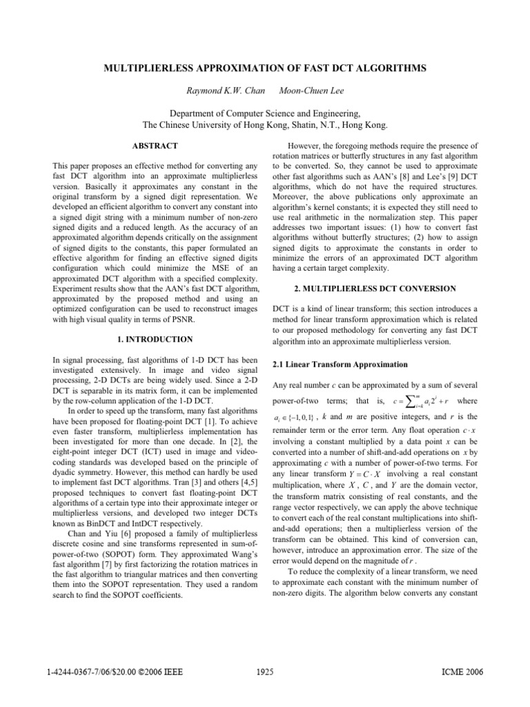 Multiplierless Approximation of Fast DCT Algorithms | PDF