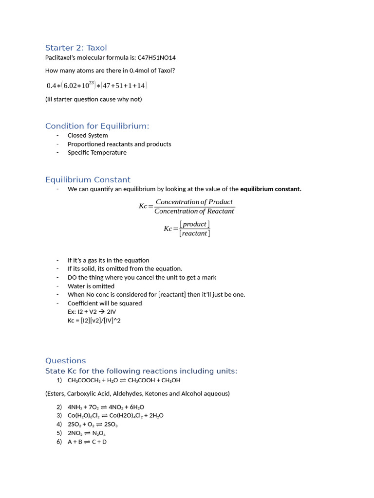 Chemistry Equilibrium Exercises | PDF | Teaching Methods & Materials