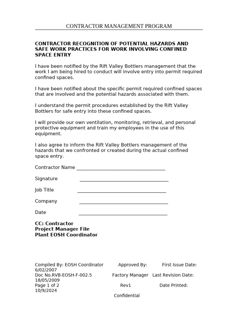 Contractor Recognition of Potential Hazards and Safe Work Practices For ...