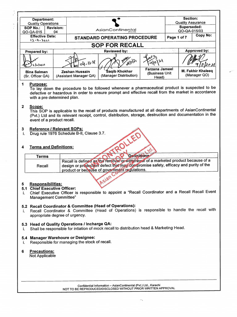 SOP For Recall | PDF