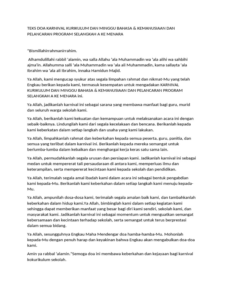 Teks Doa Karnival Kurikulum Dan Minggu Bahasa | PDF