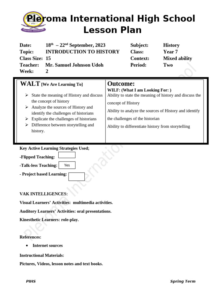 History Lesson Plan For CRS | PDF | Lesson Plan | Career & Growth