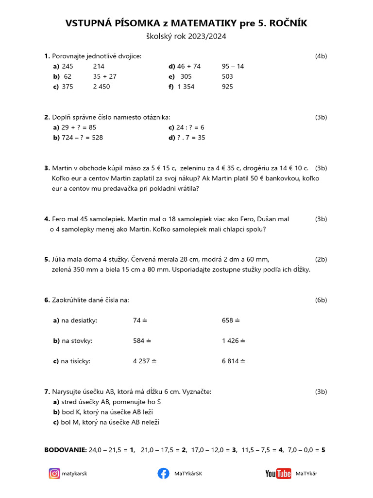 Vstupná Písomka Pre 5. Ročník | PDF
