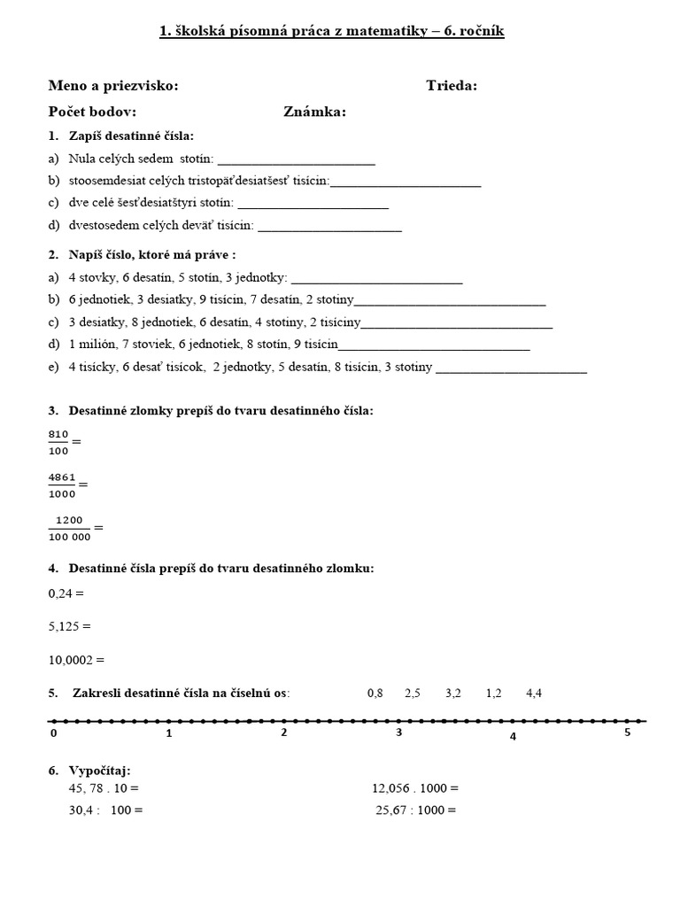 Školská Písomná Práca Z Matematiky 6.ročník | PDF