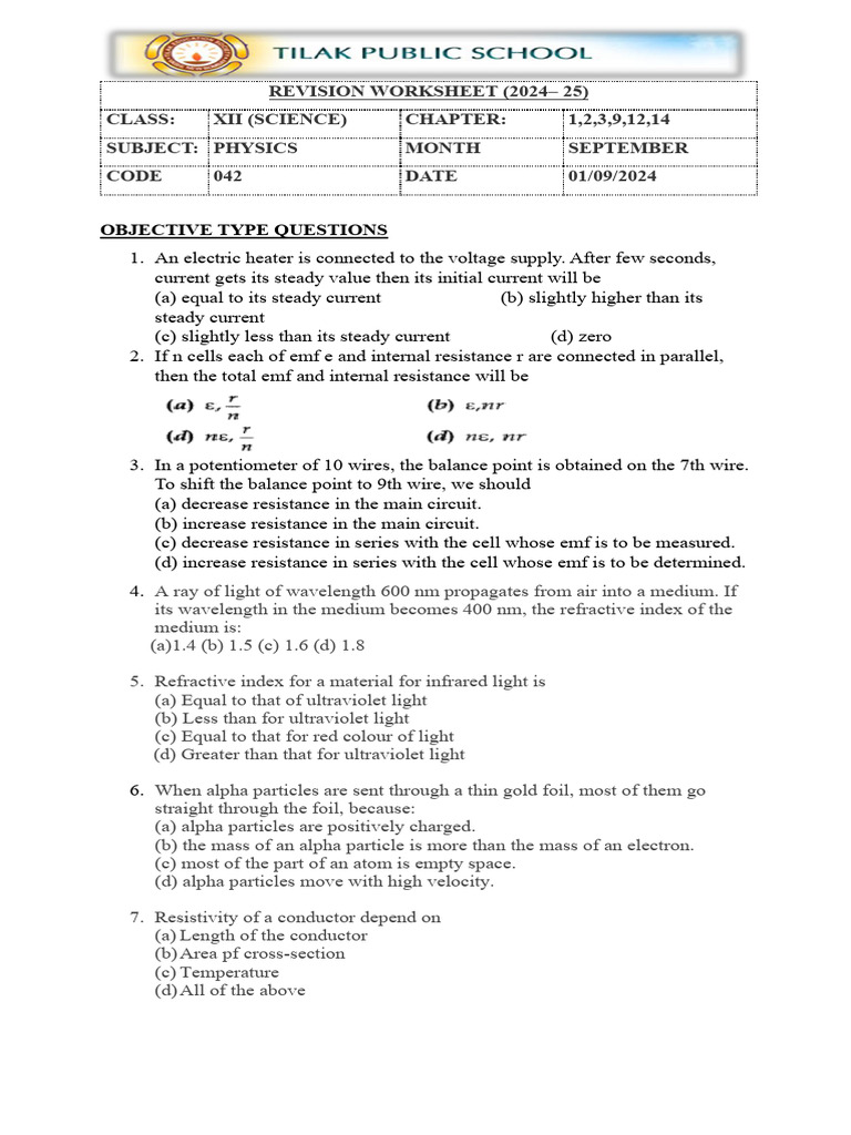 Xii Revision Worksheet September | PDF | Electrical Resistivity And Conductivity | Light
