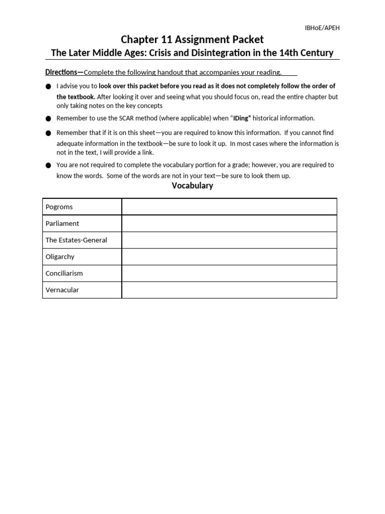 Assignment Packet Chapter 11 - The Later Middle Ages (2024) | PDF