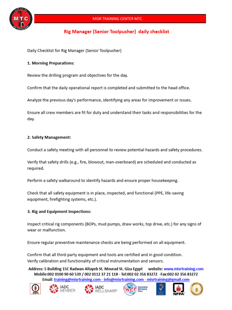 Rig Manager Daily Checklist | PDF