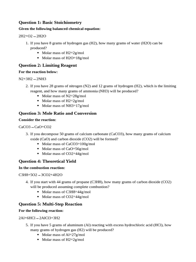 mole and equation balancing questions | PDF