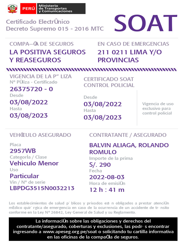 La Positiva Seguros Y Reaseguros 211 0211 LIMA Y/O Provincias | PDF
