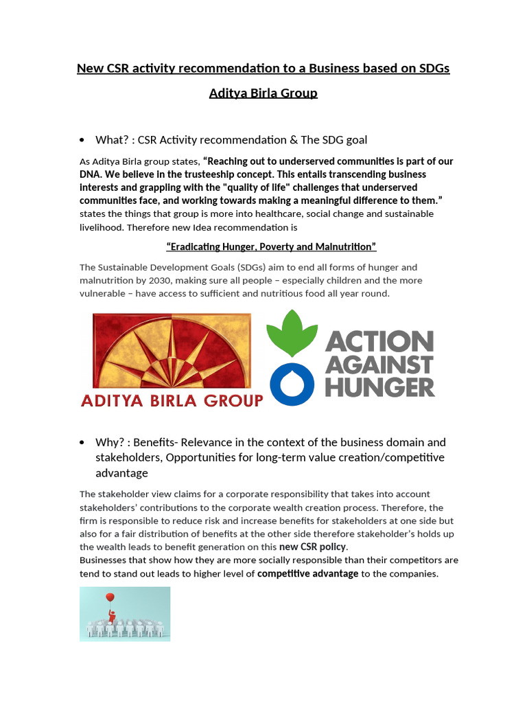 New CSR Activity Recommendation To A Business Based On Sdgs Aditya Birla Group | PDF