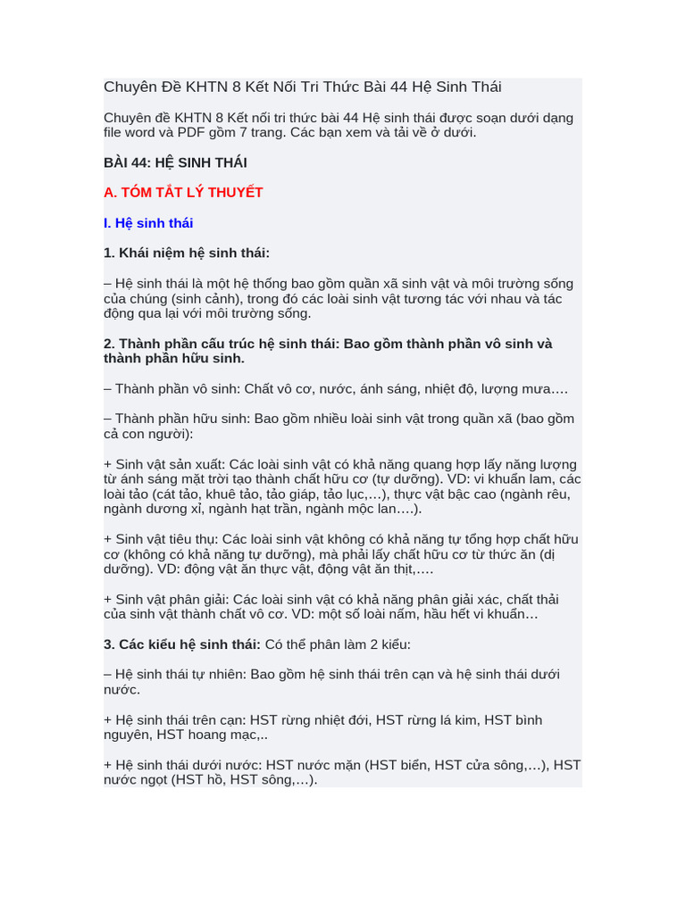 Chuyên Đề KHTN 8 Kết Nối Tri Thức Bài 44 Hệ Sinh Thái | PDF