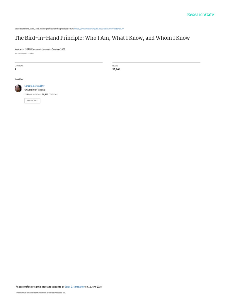 The Bird in Hand Principle Who I Am What I Know and Whom I Know | PDF