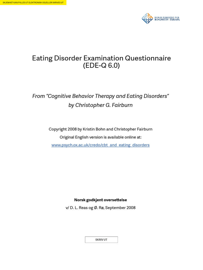 Eating Disorder Examination Questionnaire Elektronisk NFKT | PDF