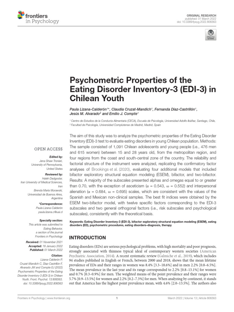 2022 Psychometric Properties of The Eating Disorder Inventory-3 (EDI-3) in Chilean Youth | PDF