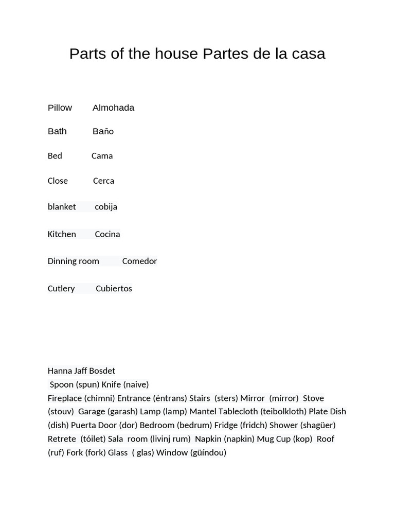 Parts of The House Partes de La Casa | PDF