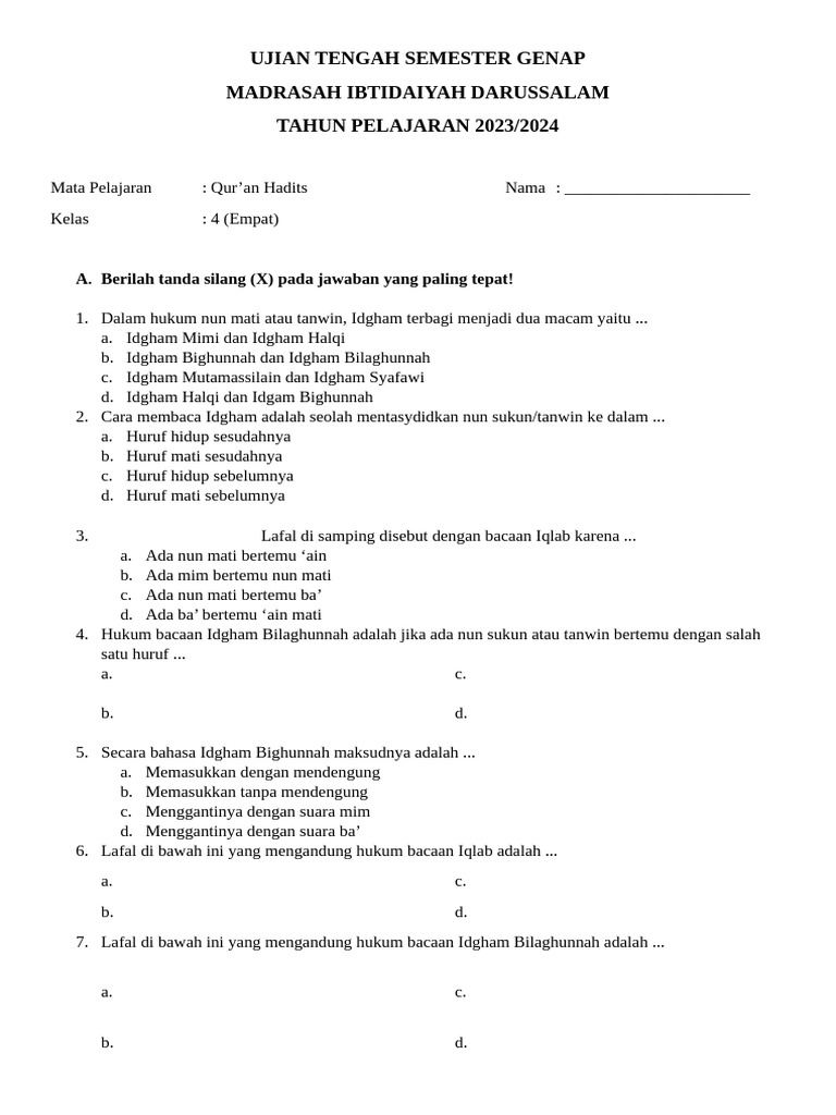 UTS Quran Hadits Kelas 4 Genap 2024 | PDF