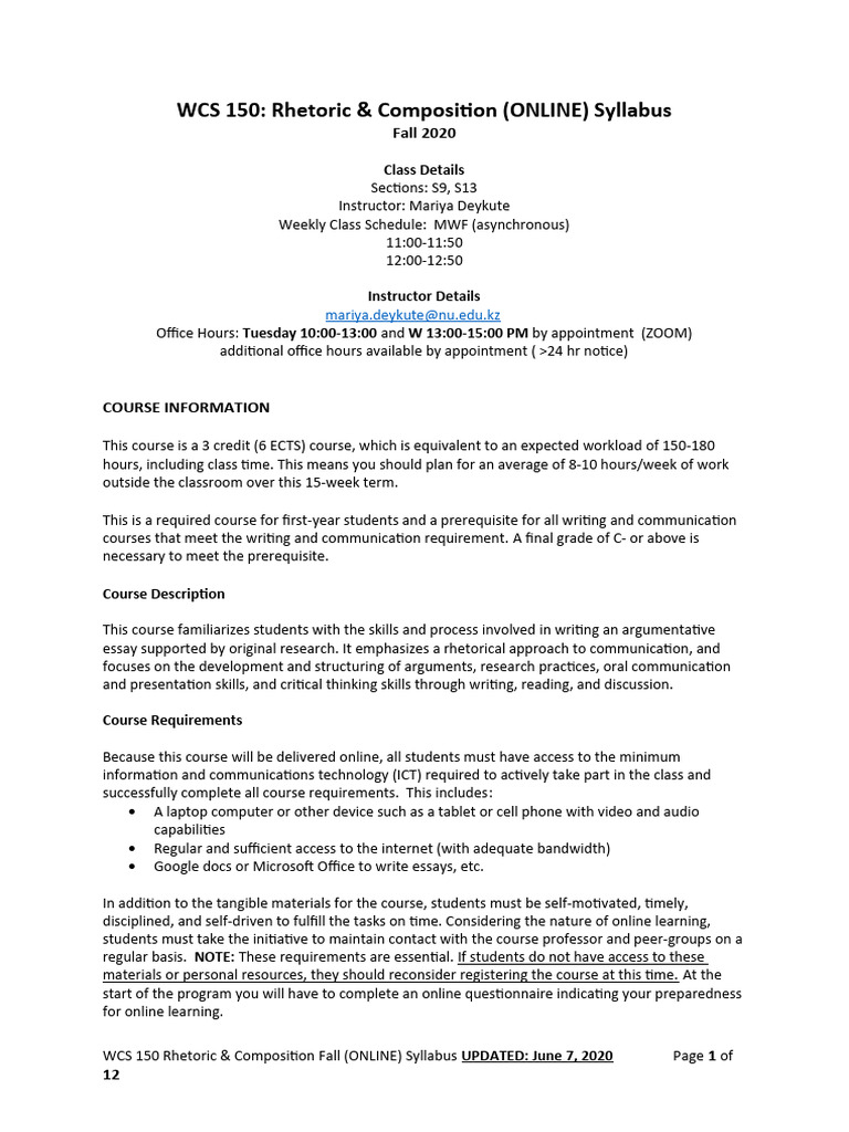 WCS 150 ONLINE Syllabus Mariya Deykute (Fall 2020) UPDATED | PDF