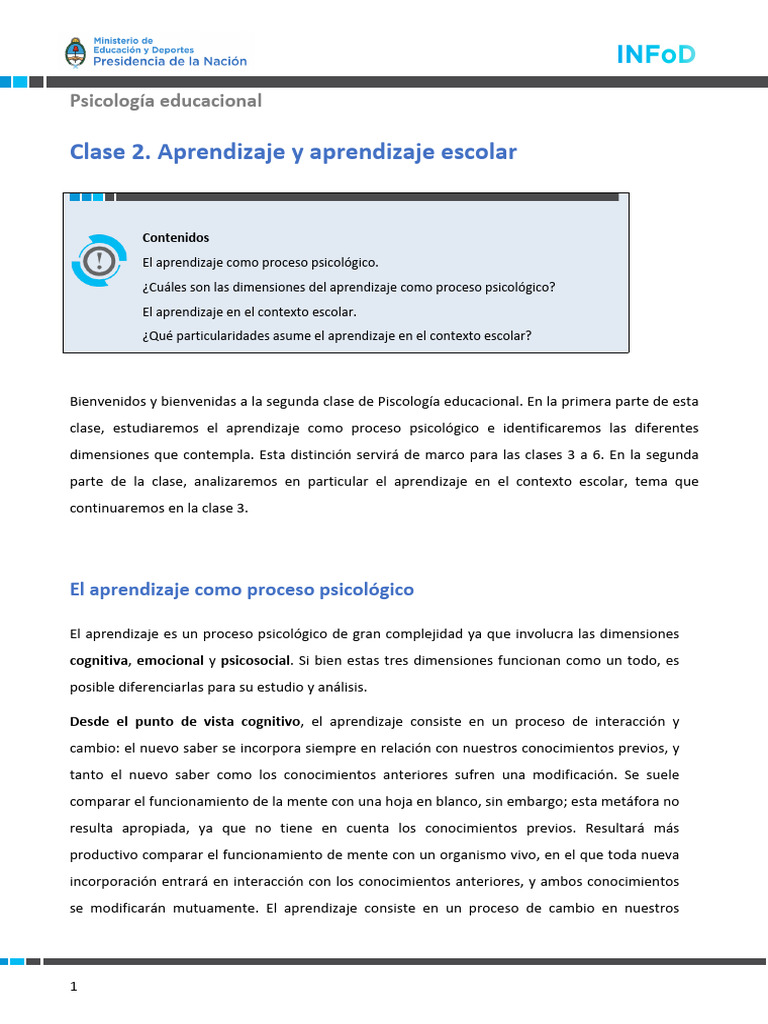 INFoD - Clase 3 - Aprendizaje y Aprendizaje Escolar | PDF