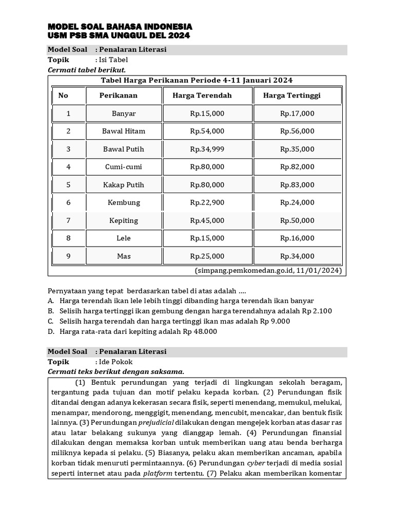 Model Soal Bahasa Indonesia | PDF