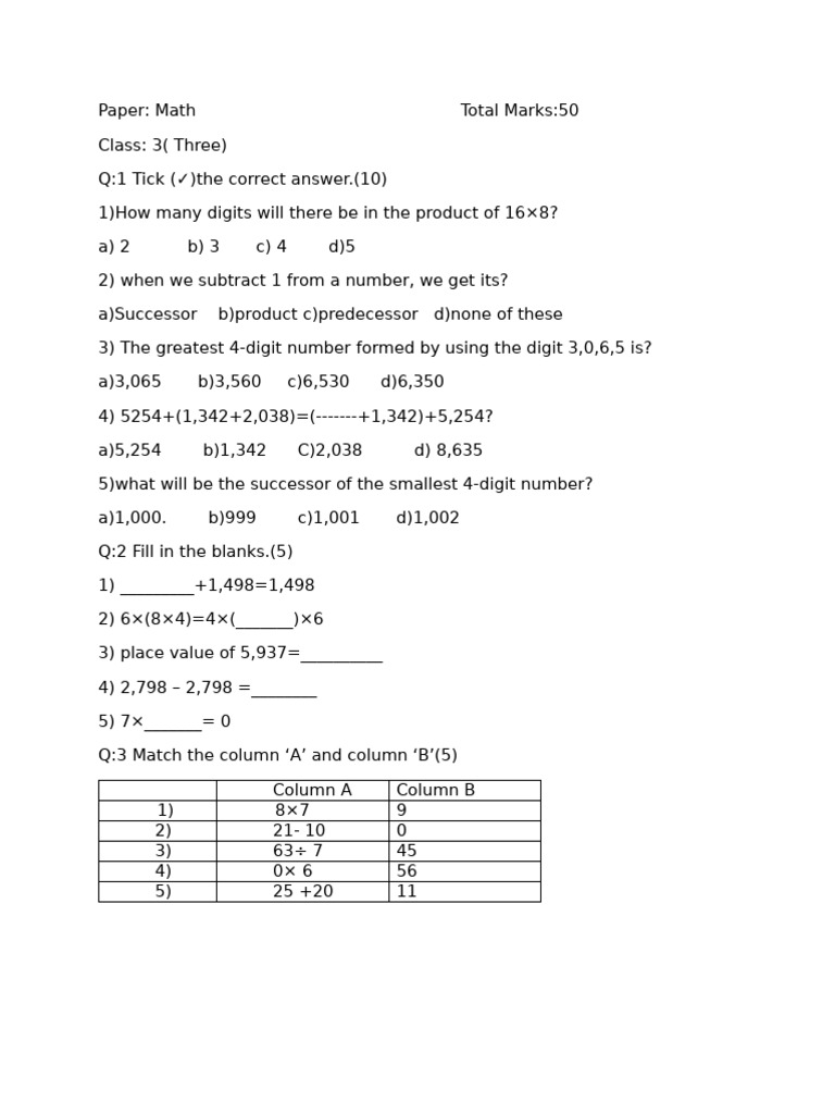 Class 3 Paper Pdf