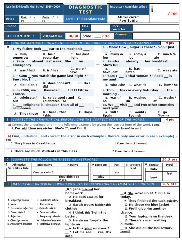 1st BAC DIAGNOSTIC TEST - 2019-20 | PDF