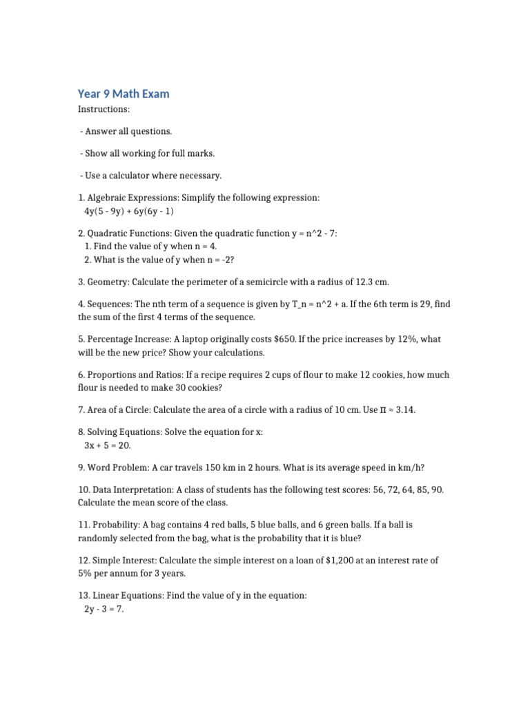 Year 9 Math Exam | PDF