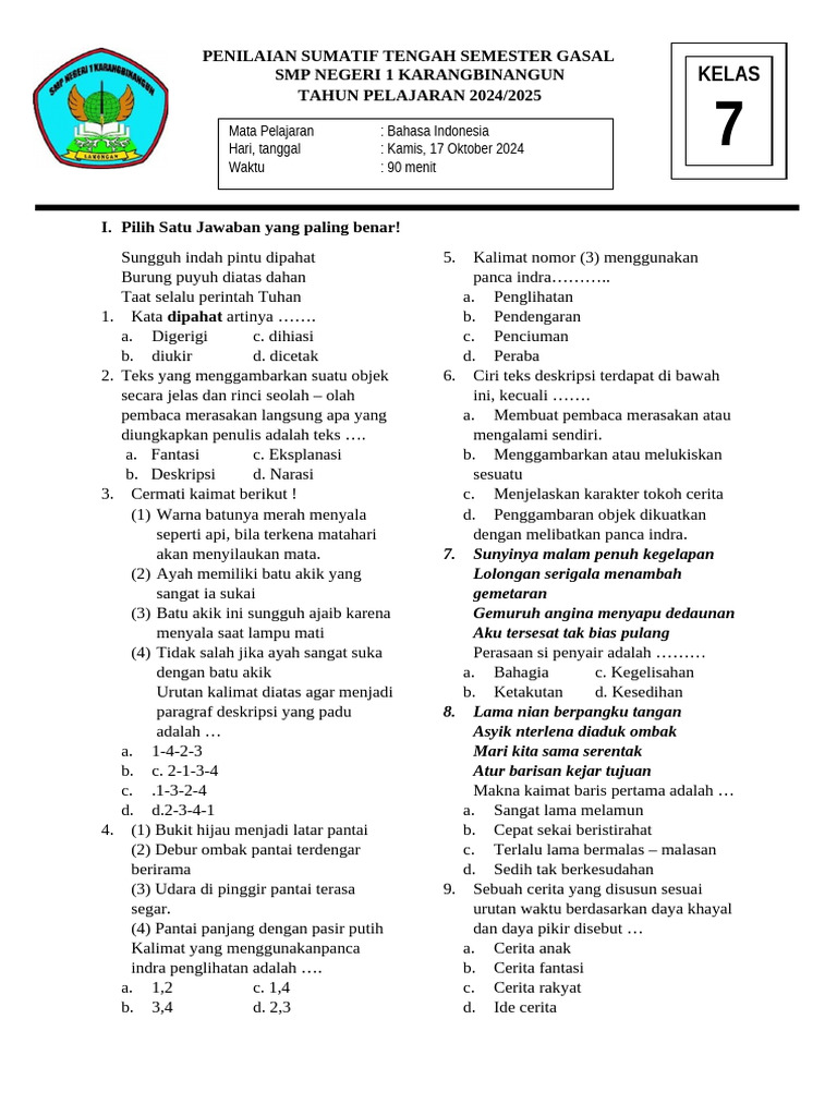 Soal Bahasa Indonesia Kelas 7 Semester 1 Pdf