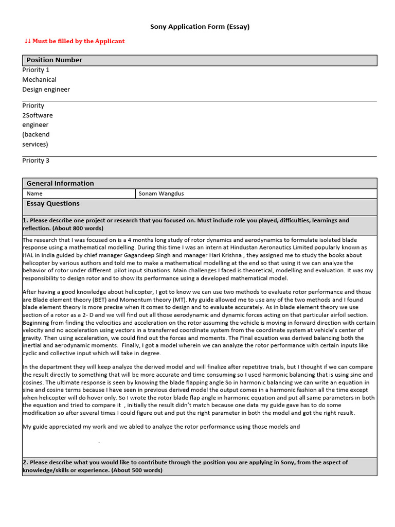 Sony - Essay Form - 2020 | PDF