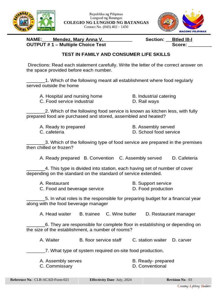 Output 1 Multiple Choice Test | PDF | Restaurants | Wellness