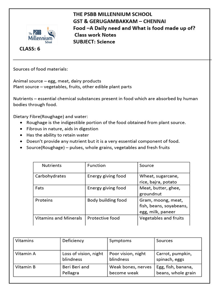 Std 6 Food - Cw Notes 24-25 | PDF