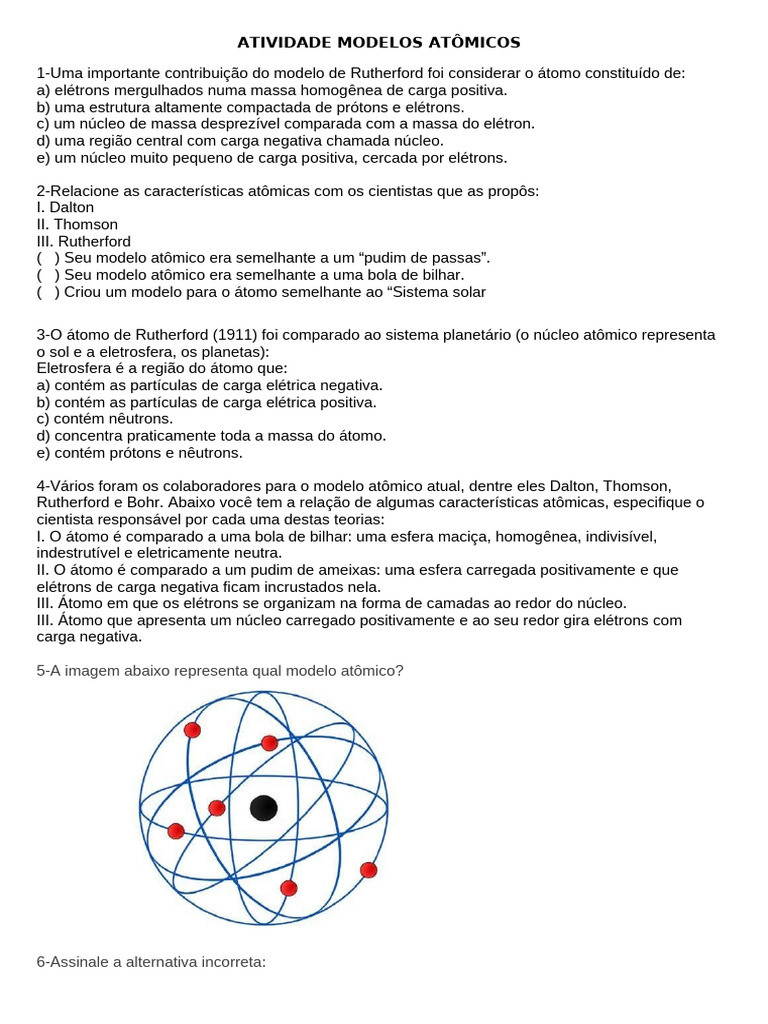 Atividade Modelos Atômicos 9º Ano | PDF | Átomos | Ciencia y matemáticas