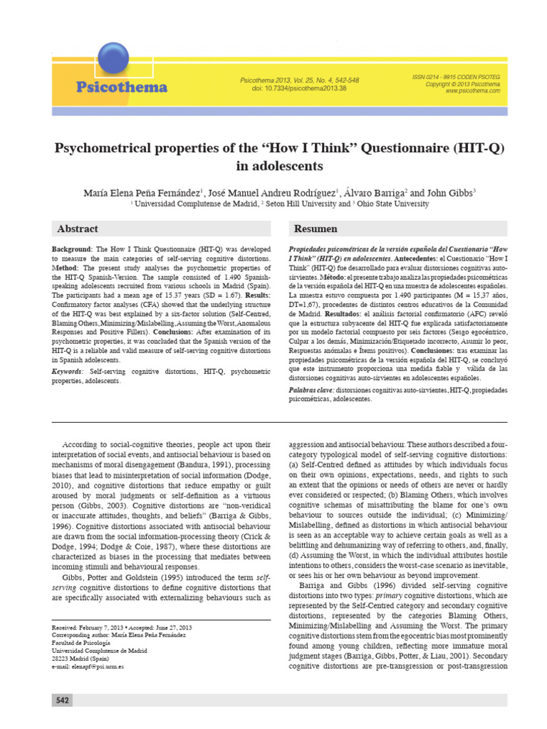 Psychometrical Properties of The "How I Think" Questionnaire (HIT-Q) in ...