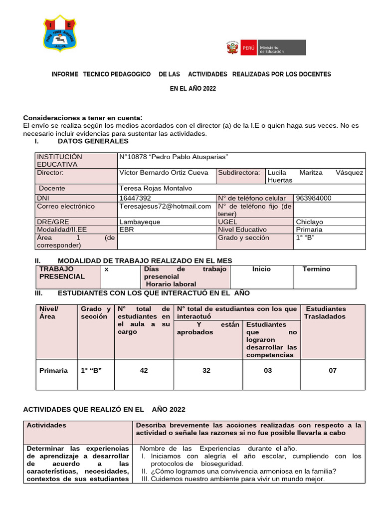 Informe Tecnico Pedagogico 2022 | PDF