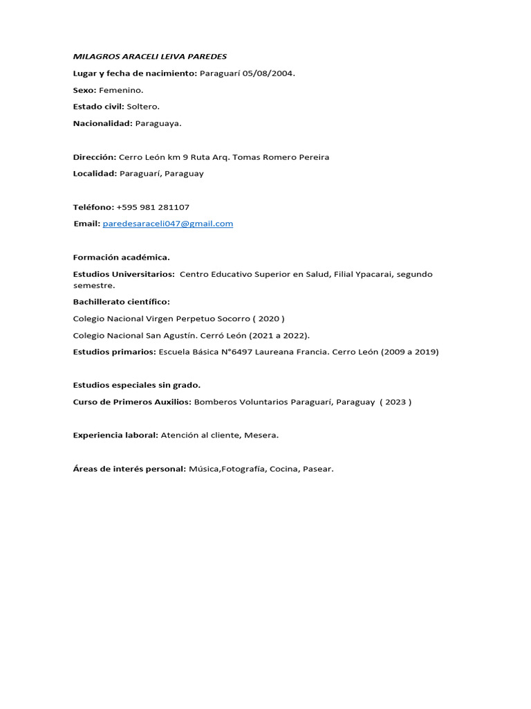 Curriculum Vitae Araceli Paredes. | PDF