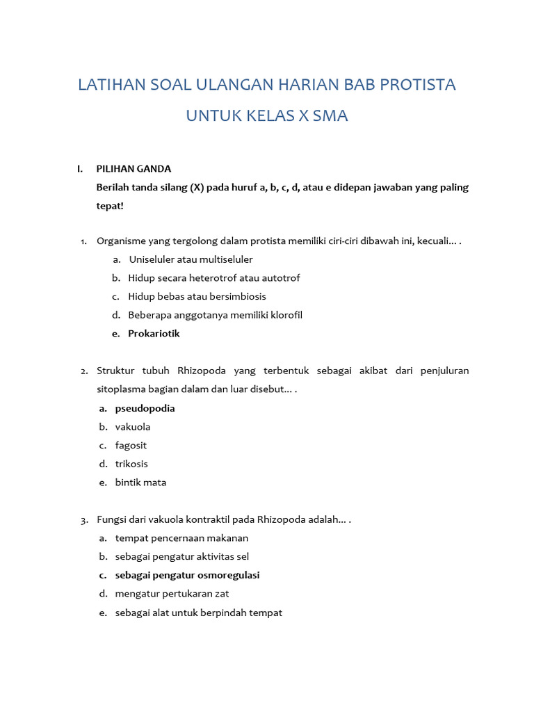 Latihan Soal Uh Bab Protista X Sma | PDF