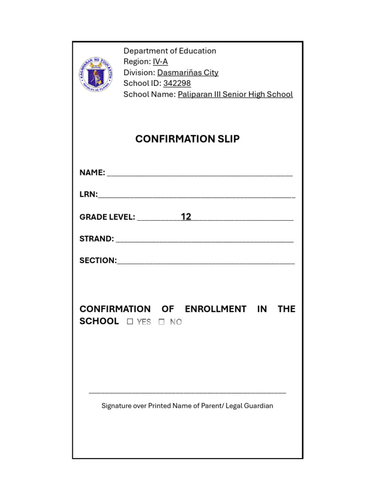 Confirmation Slip for G12 1 | PDF