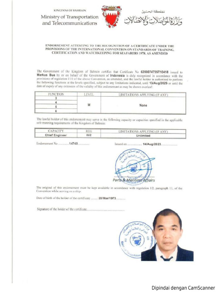 ENDORSEMENT BAHRAIN COC CLASS 1 COPY | PDF