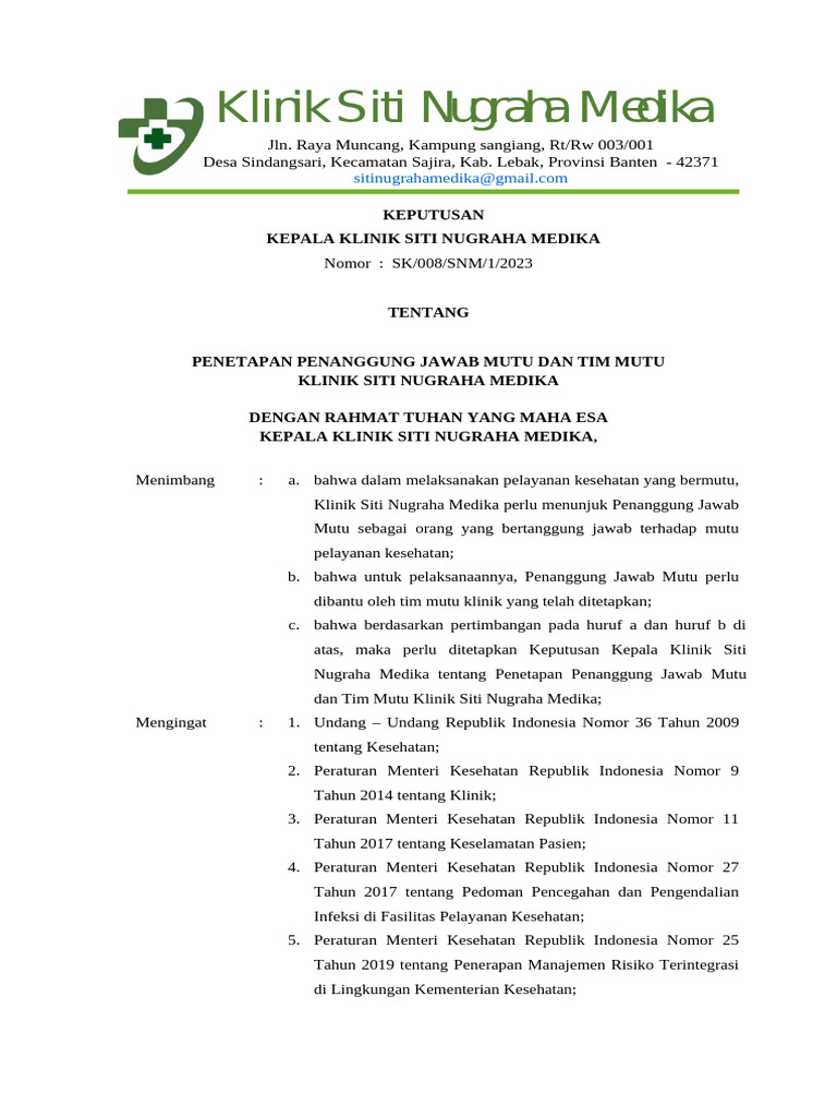 1.1 (Revisi) SK Tentang Penetapan PJ Mutu Klinik SNM | PDF