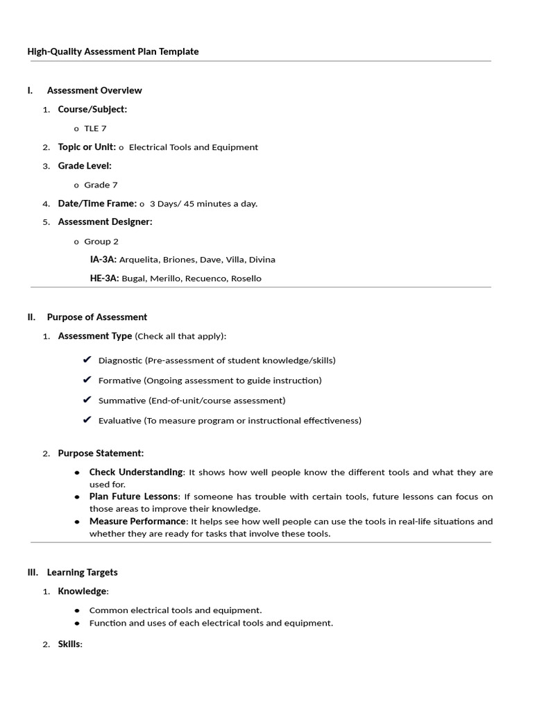 High Quality Assessment Plan | PDF
