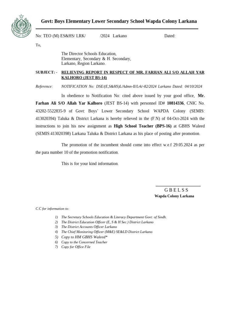 Relieving Report-Mr. Farhan Ali-HST | PDF