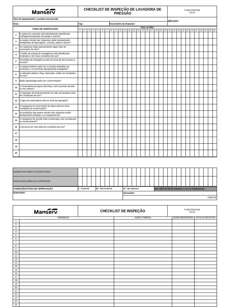 F-036-0439.003 Vs.01 - CHECKLIST DE INSPEÇÃO DE LAVADORA DE PRESSÃO | PDF