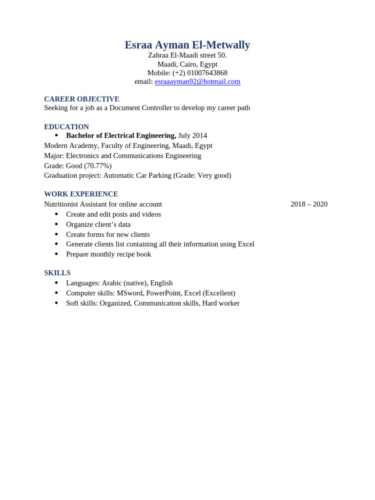 Esraa Ayman El-Metwally CV - Document Controller | PDF