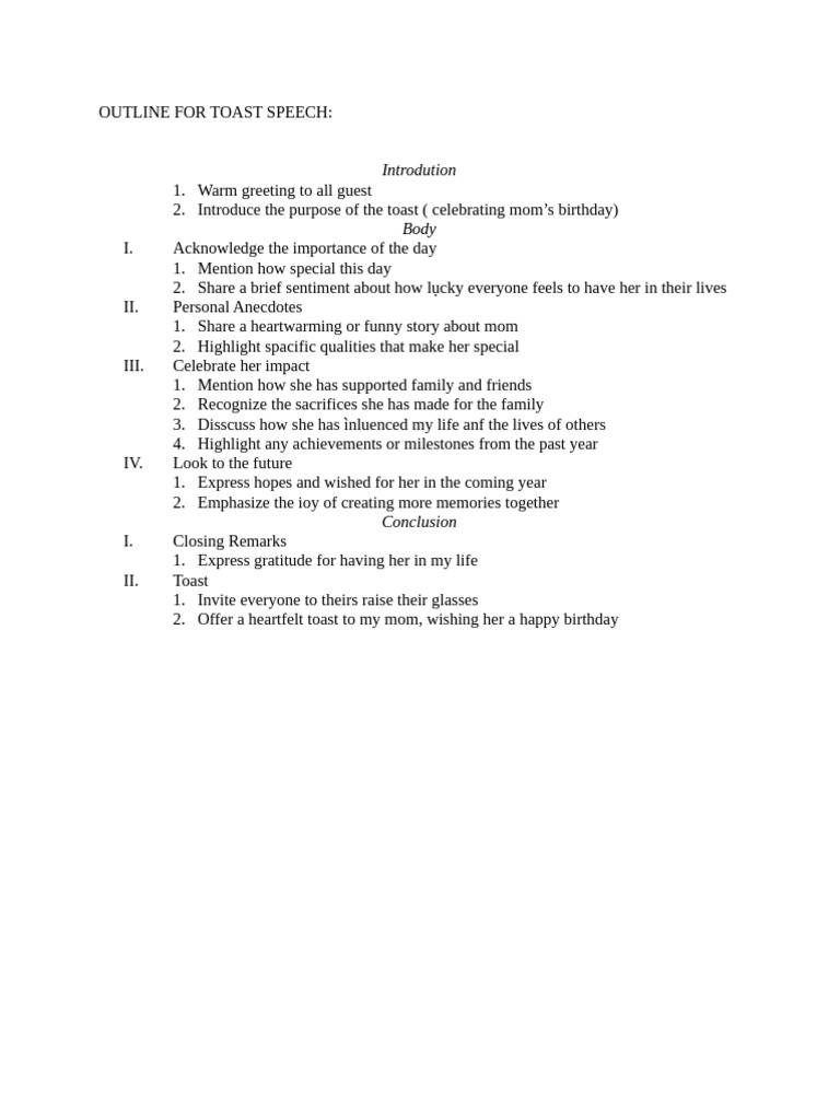 OUTLINE FOR TOAST SPEECH | PDF