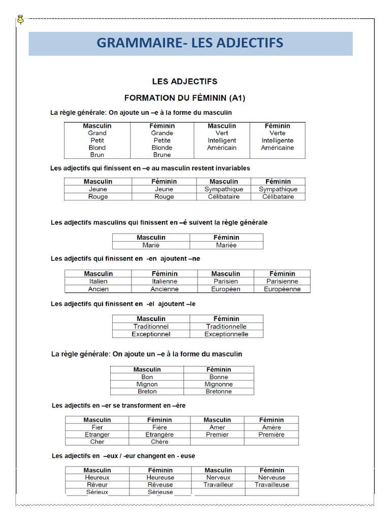 Les Adjectifs. Formation. Emploi. Place. | PDF