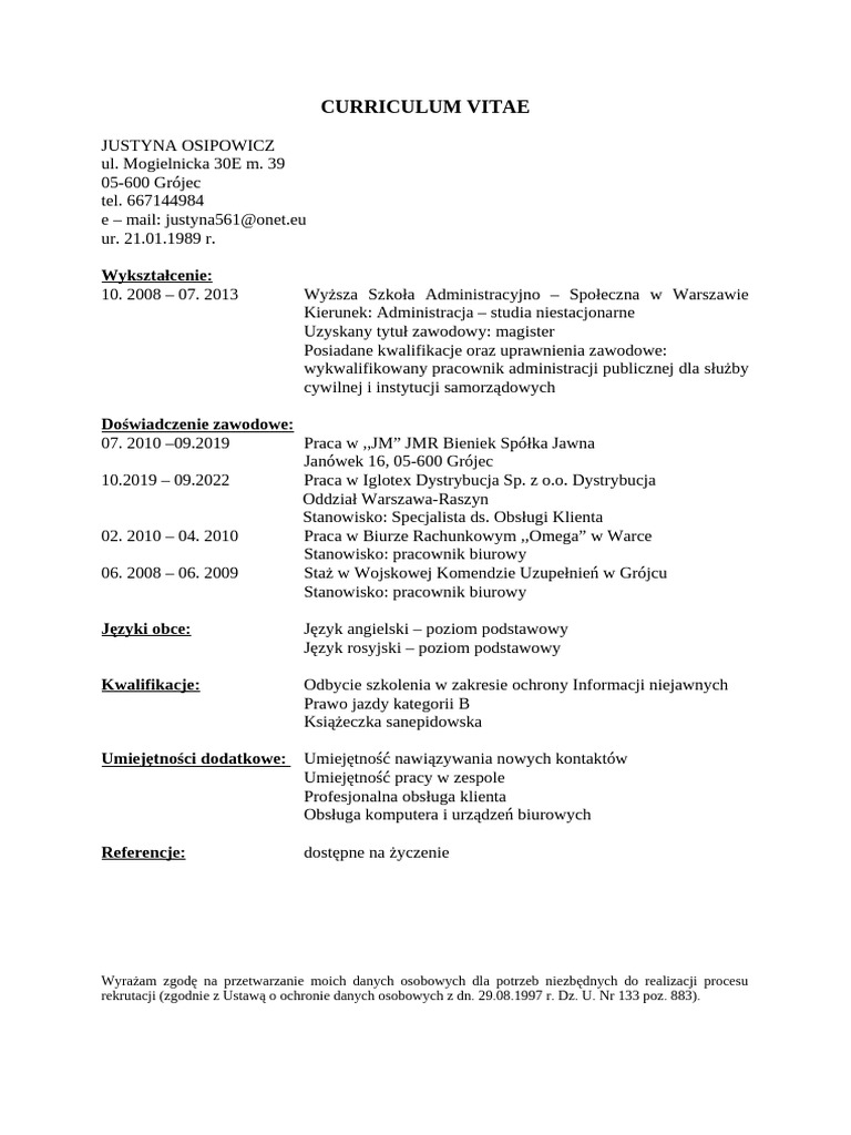 CV Nowe Justyna | PDF