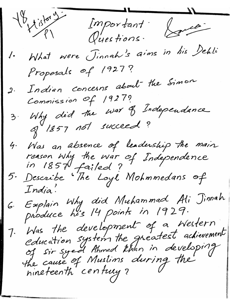 Y8 History Important Questions | PDF