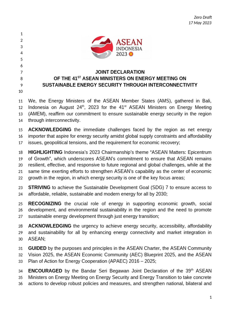 01 Zero Draft Joint Declaration of The 41ST Asean Ministers On Energy ...