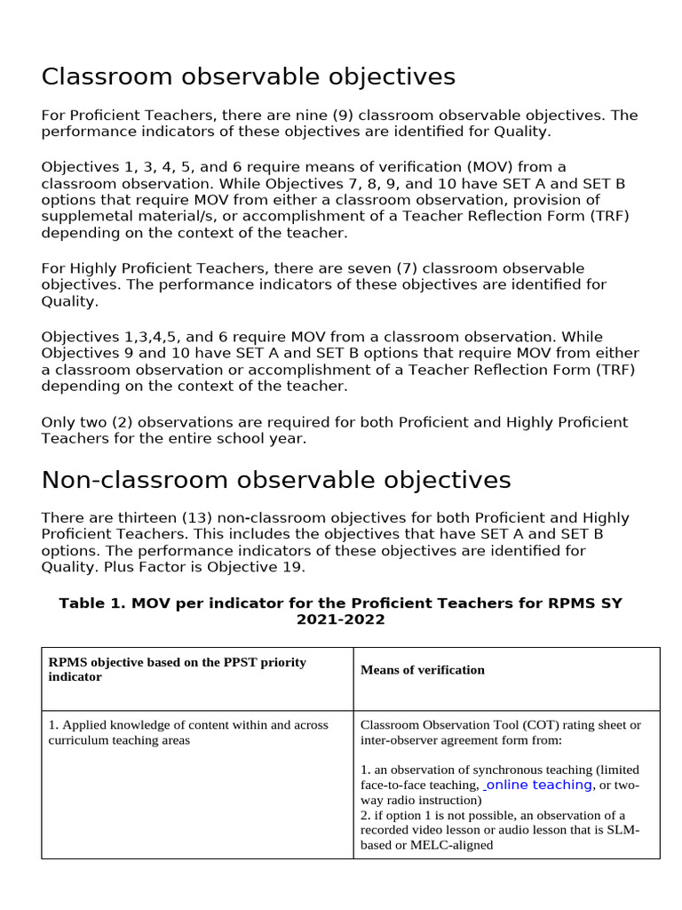 Classroom Observable Objectives | PDF