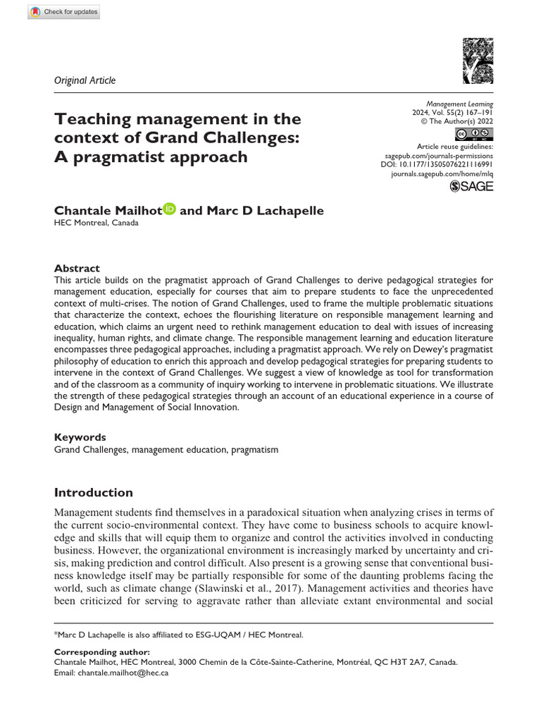 Mailhot Lachapelle 2022 Teaching Management in The Context of Grand ...