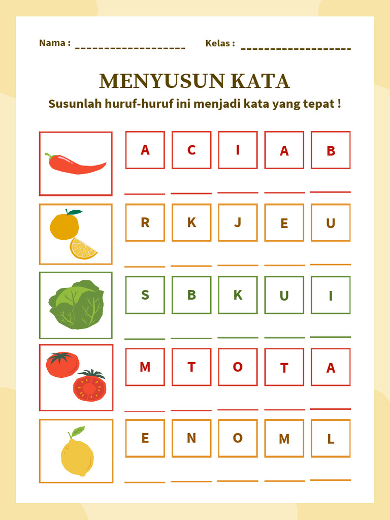 Kuning Ilustrasi Menyusun Kata Lembar Kerja Sekolah | PDF
